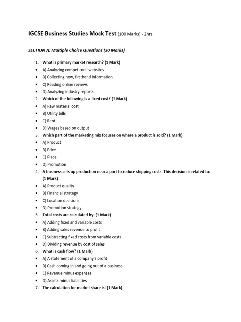 IGCSE Business Studies Mock Test | PDF | Revenue | Equity (Finance)