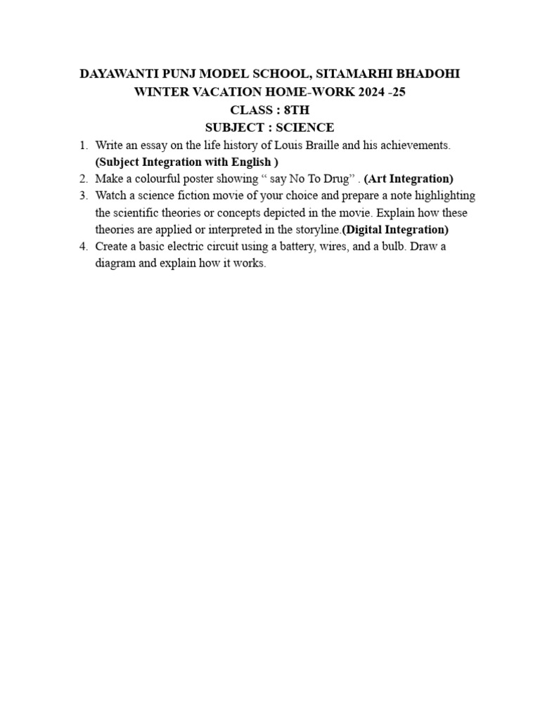 Dayawanti Punj Model School, Sitamarhi Bhadohi Winter Vacation Home-Work 2024 - 25 Class: 8Th ...