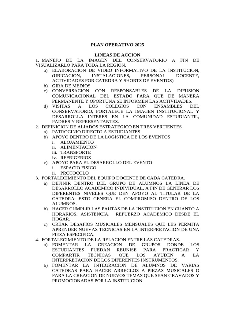Plan Operativo 2025 para Conservatorio | PDF