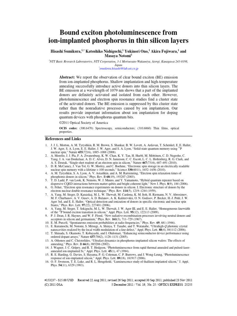 Bound Exciton Photoluminescence From Ion Implanted Phosphorous in Thin ...