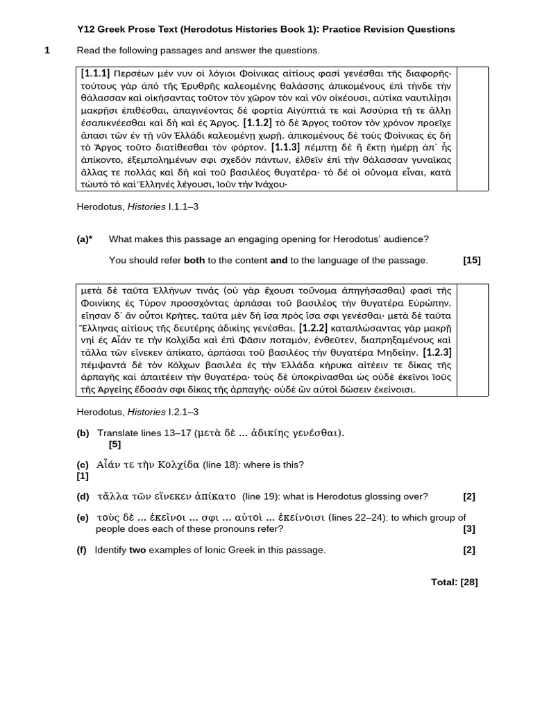 Y12 Greek Prose: Herodotus Book 1 Questions | PDF | Ancient Greece