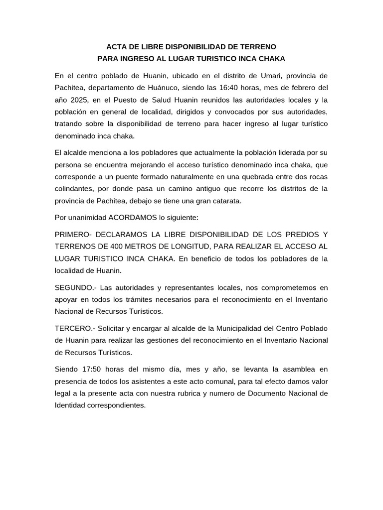 Acta de Libre Disponibilidad de Terreno | PDF