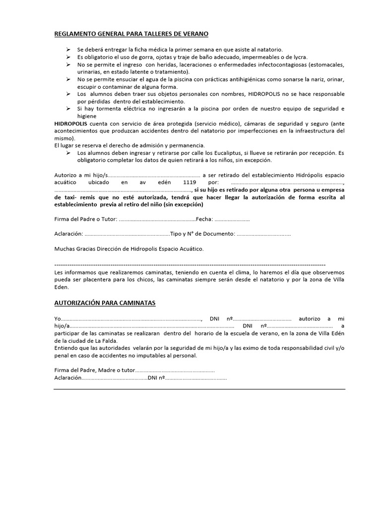Reglamento Talleres de Verano Hidrópolis | PDF