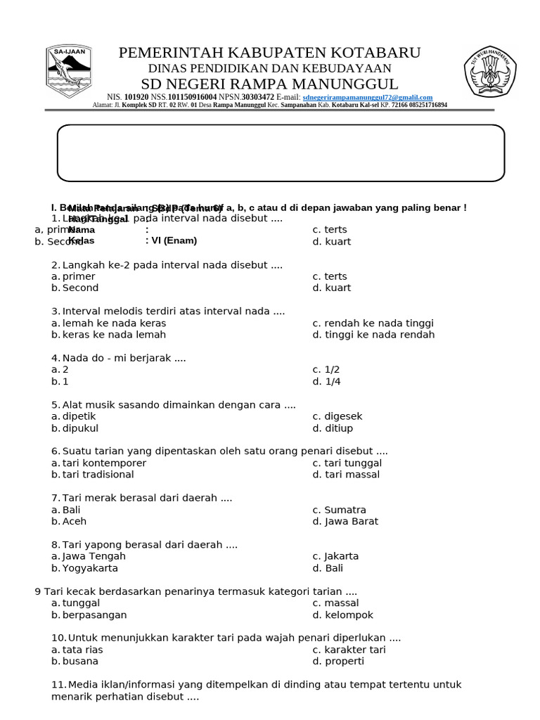 Soal Tema 6 Kelas 6 Semester 2 T.A 2022-2023 Mapel SBDP | PDF