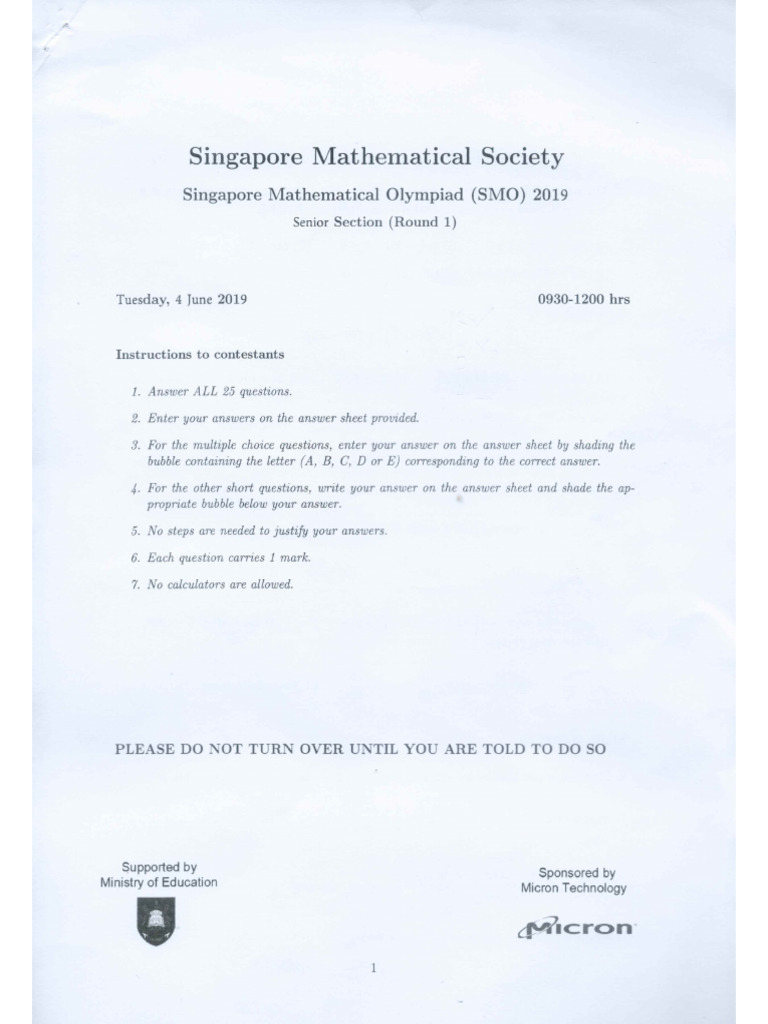 Senior Section - First Round - SMO Singapore Mathematical Olympiad 2019 ...
