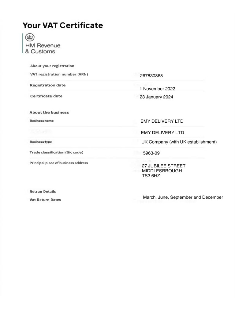 Your VAT Certificate: HM Revenue & Customs | PDF