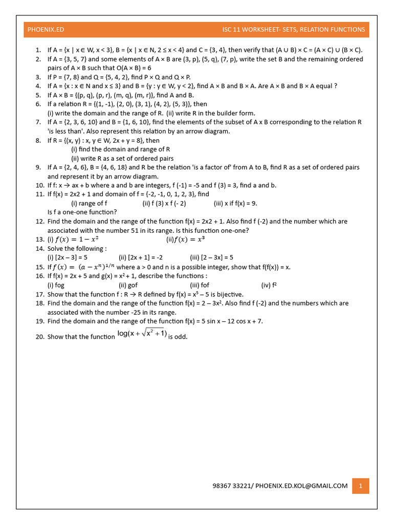 Isc 11 Worksheet - Sets and Relation and Functions | PDF | Function (Mathematics) | Mathematical ...