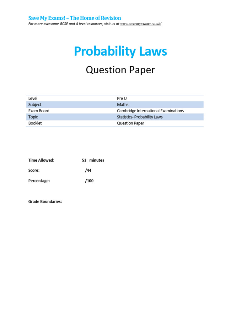 22 Probability Laws Statistics QP Pre U Cie Maths | PDF | Educational ...