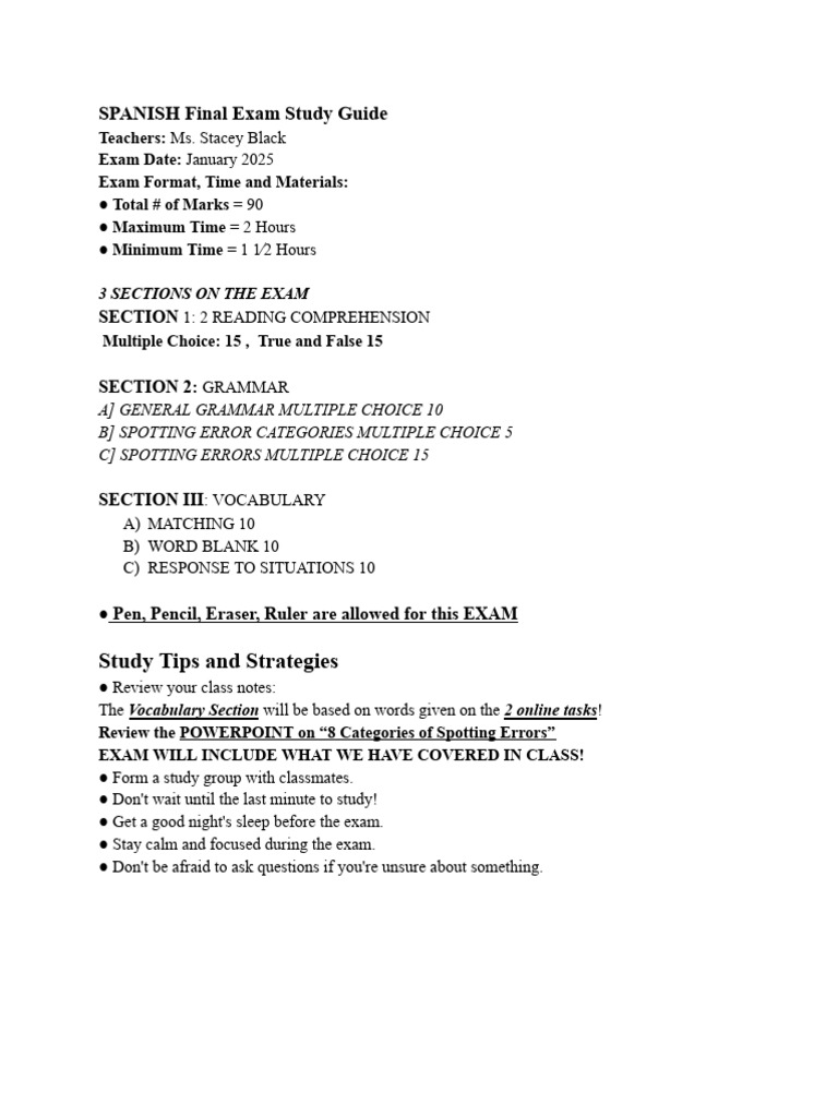 SPANISH Study Guide | PDF