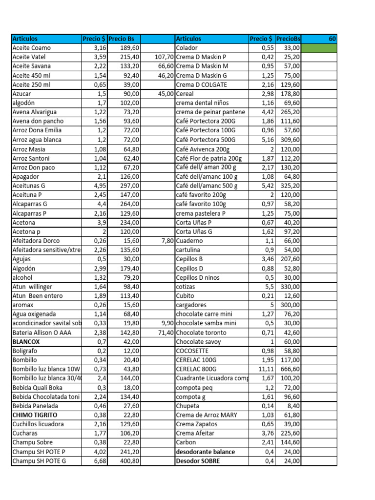 Artículos y Precios en Bs y $ | PDF | Alimentos
