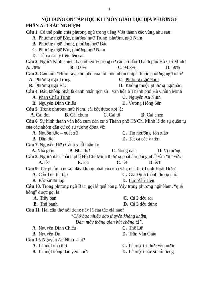 Đáp Án GDĐP8 - Hki | PDF