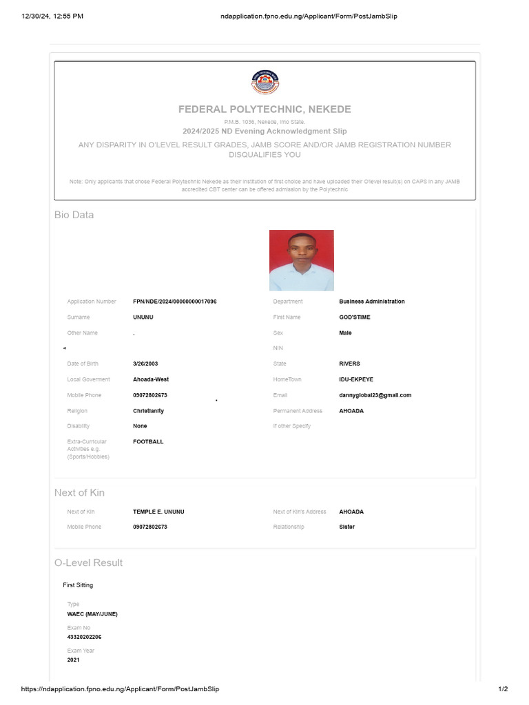 Ndapplication - Fpno.edu - NG Applicant Form PostJambSlip | PDF | Nigeria