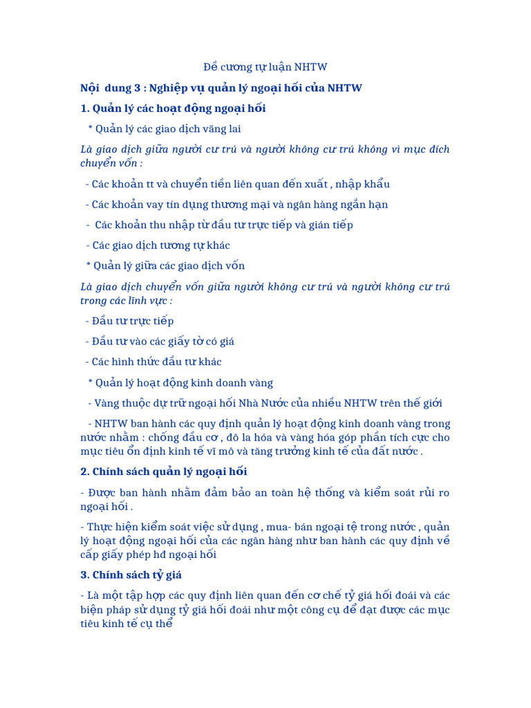Đề Cương Tự Luận NHTW | PDF