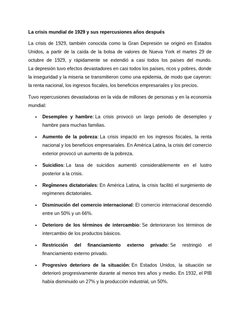La crisis mundial de 1929 y sus repercusiones años después | PDF
