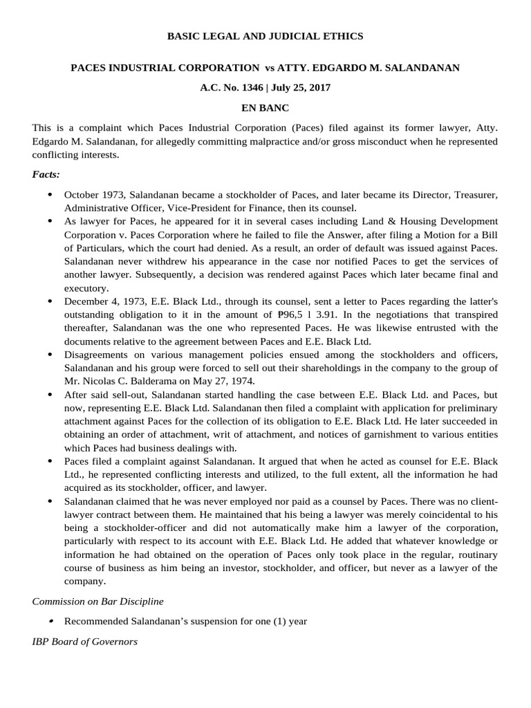 Paces v. Salandanan - Case Digest | PDF | Conflict Of Interest | Lawyer