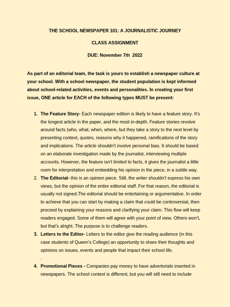 School Newspaper Guide & Assignment | PDF
