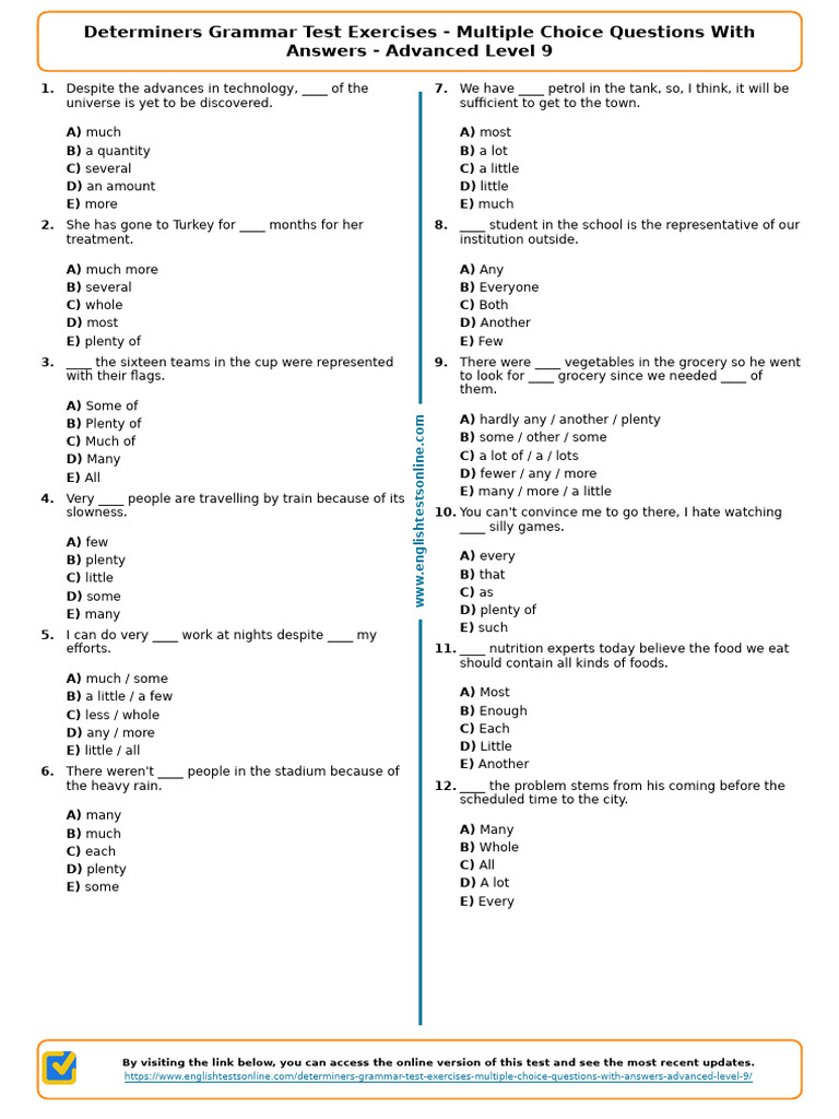 Determiners Grammar Test Exercises Multiple Choice Questions With ...