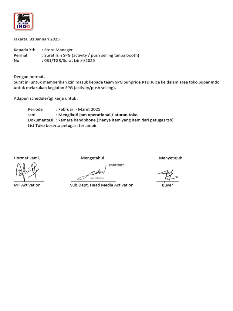 Surat Izin SPG Event Sunpride RTD Juice LSI - Q1 2025 | PDF