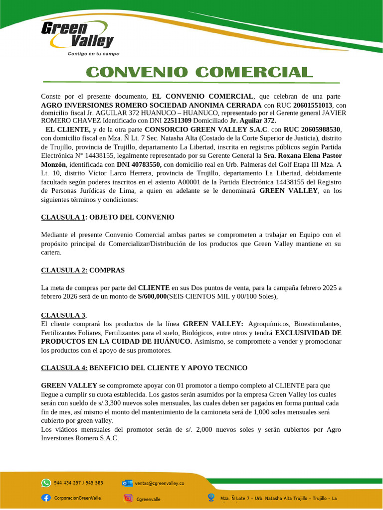 Convenio Comercial Green Valley S.A.C. - Sersam S.A.C. | PDF