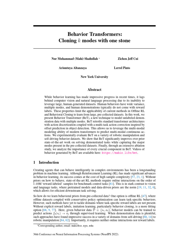 Behavior Transformers for Multi-Modal Learning | PDF | Learning | Artificial Intelligence