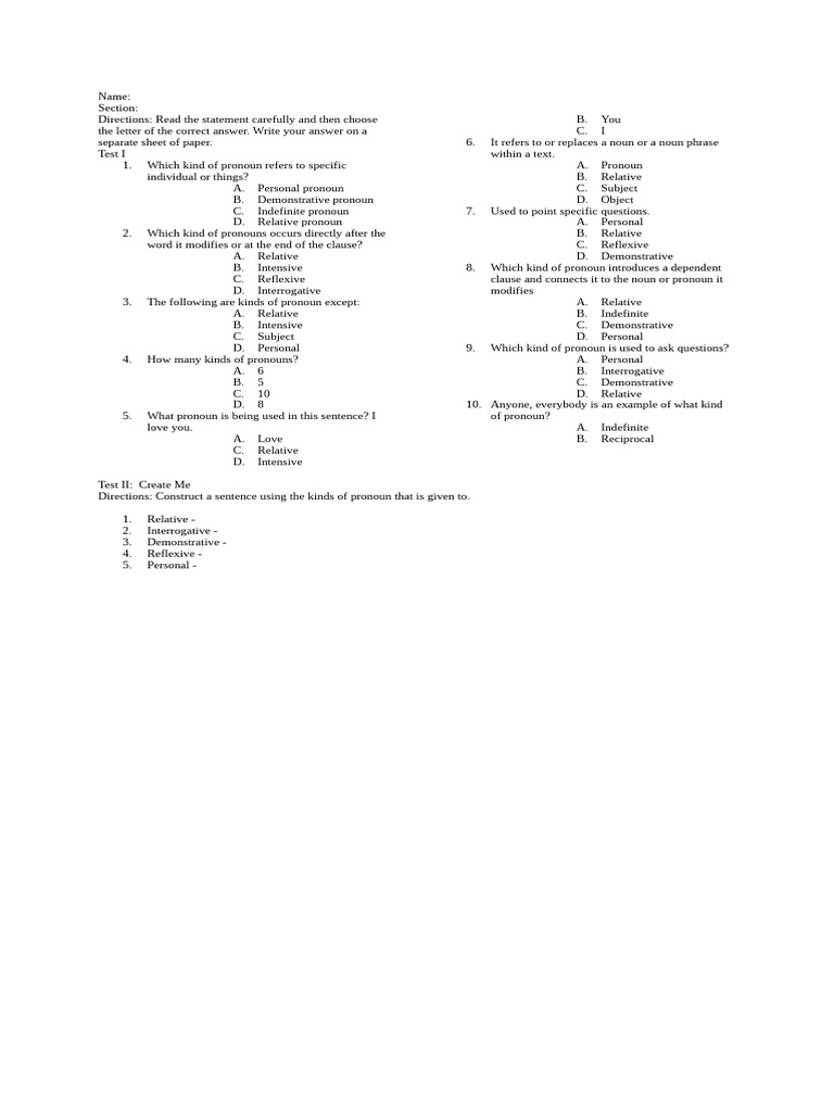 Assessment for TLEAR | PDF | Pronoun | Linguistic Morphology