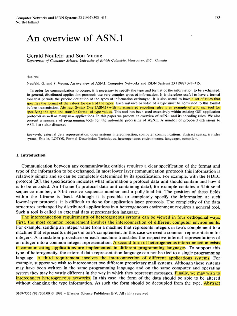 An Overview of ASN.1: Department of Computer Science, Unit, Ersity of British Columbia, Vancout ...