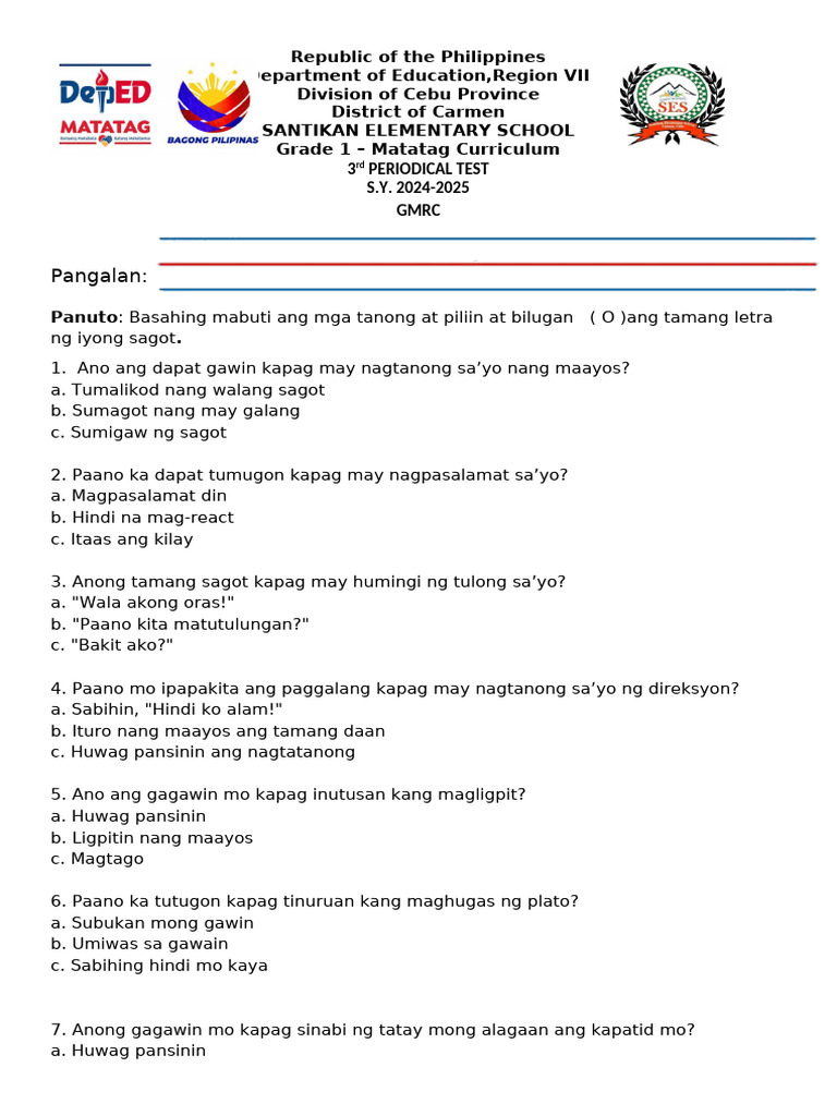 GMRC Periodical Test - 121605 | PDF