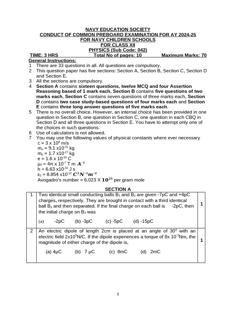 Physics Preboard Class Xii Question Paper | PDF | Electron ...
