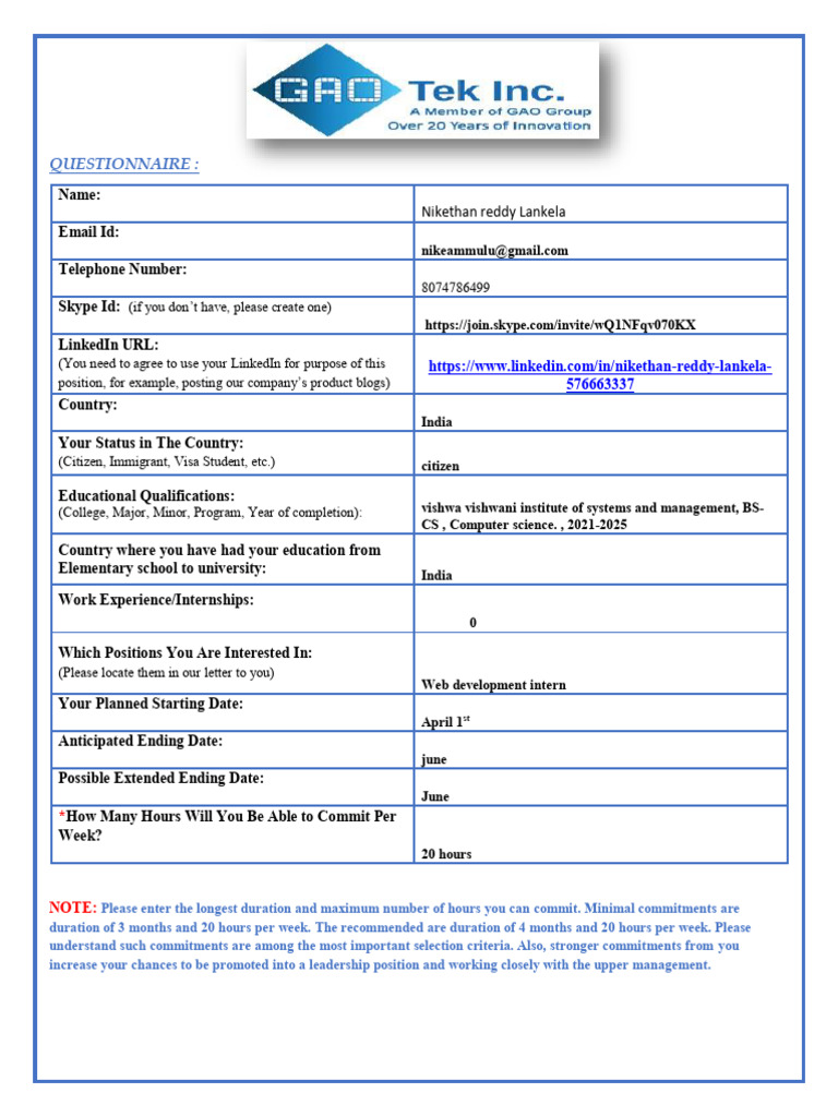 Questionnaire:: (If You Don't Have, Please Create One) | PDF