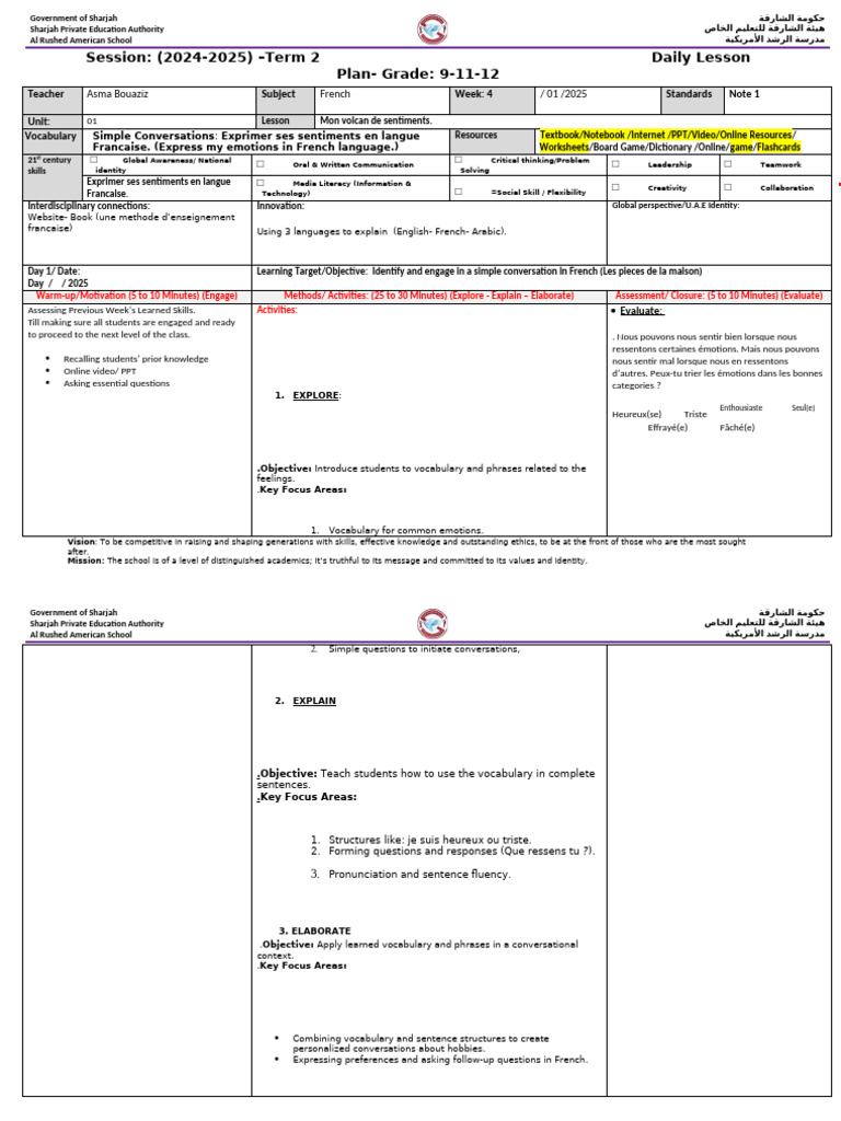 French Lesson Plan: Expressing Emotions | PDF | Vocabulary | Knowledge