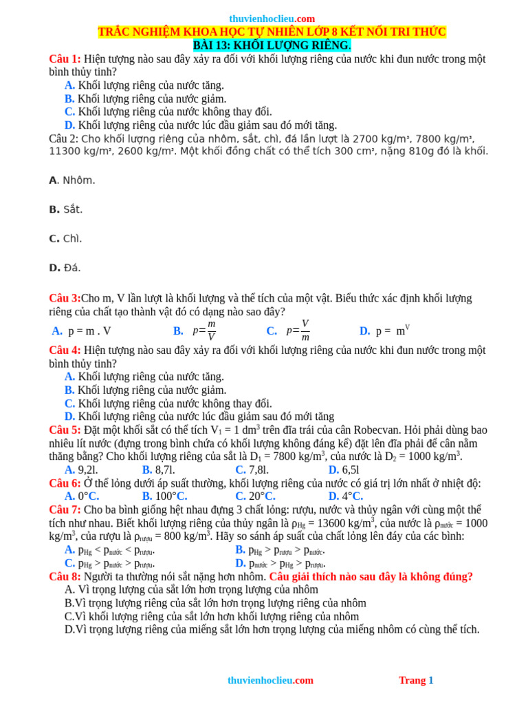 Trac Nghiem KHTN 8 KNTT Bai 13 | PDF