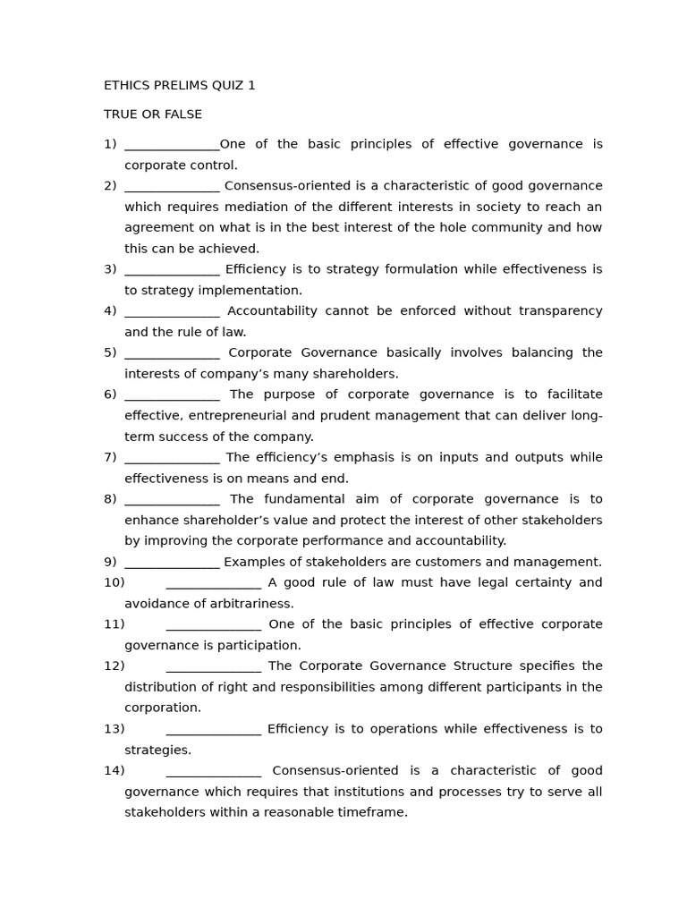 Ethics Prelims Quiz on Governance Principles | PDF | Governance ...