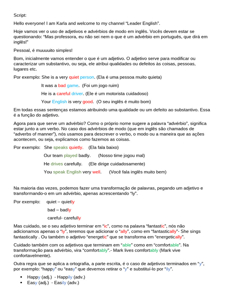Adjectives and Adverbs of Manner | PDF | Língua inglesa | Famílias ...