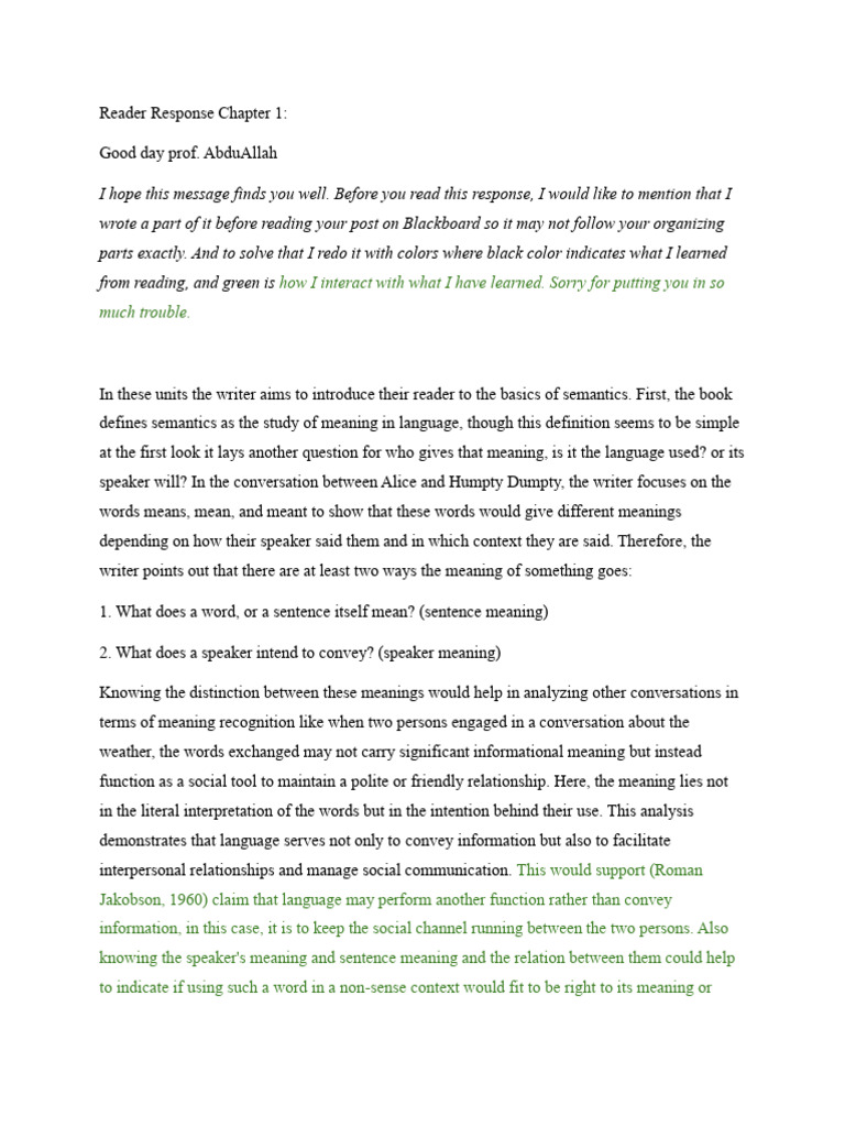 READER RESPONSE CHAPTER 1 Faris Alharthi | PDF | Semantics | Proposition