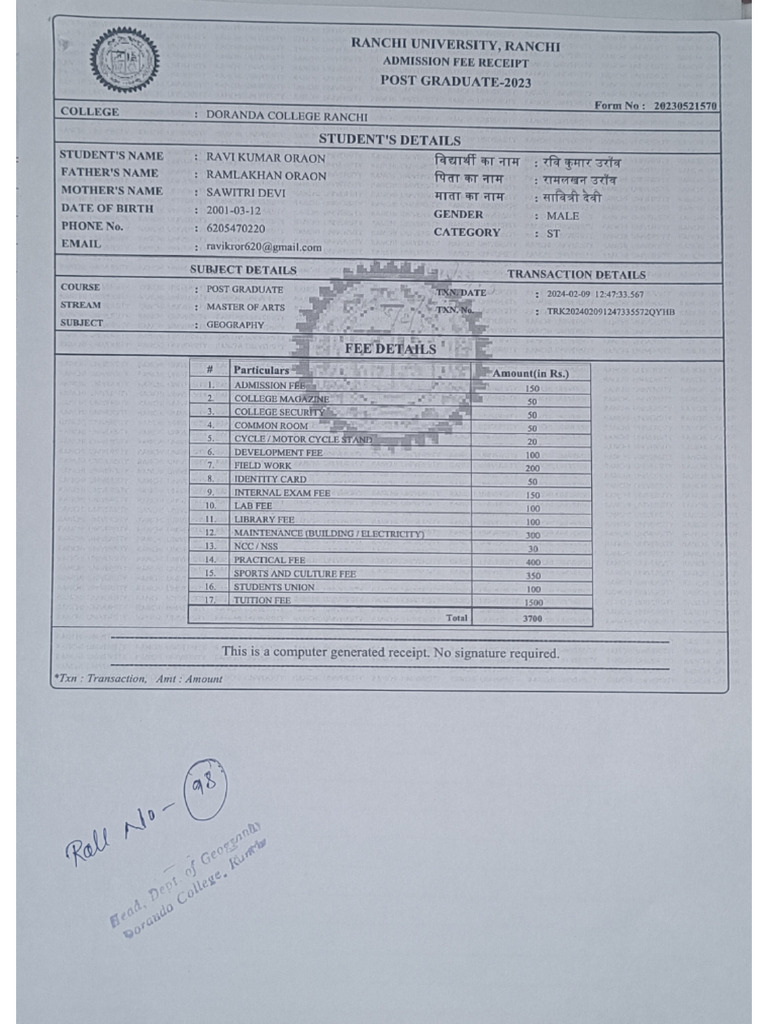 Admission Fee Details | PDF