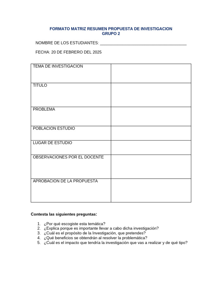 Formato Matriz Resumen Propuesta de Investigacion | PDF