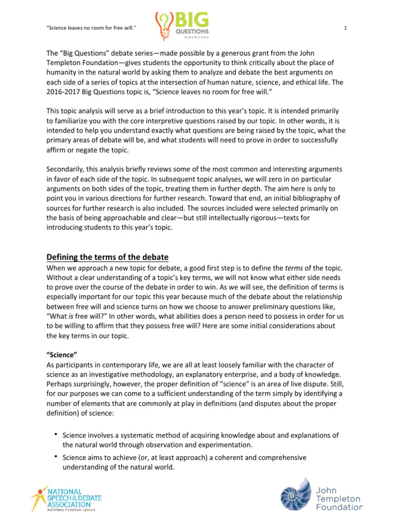 Big Questions Topic Analysis | PDF | Free Will | Reason