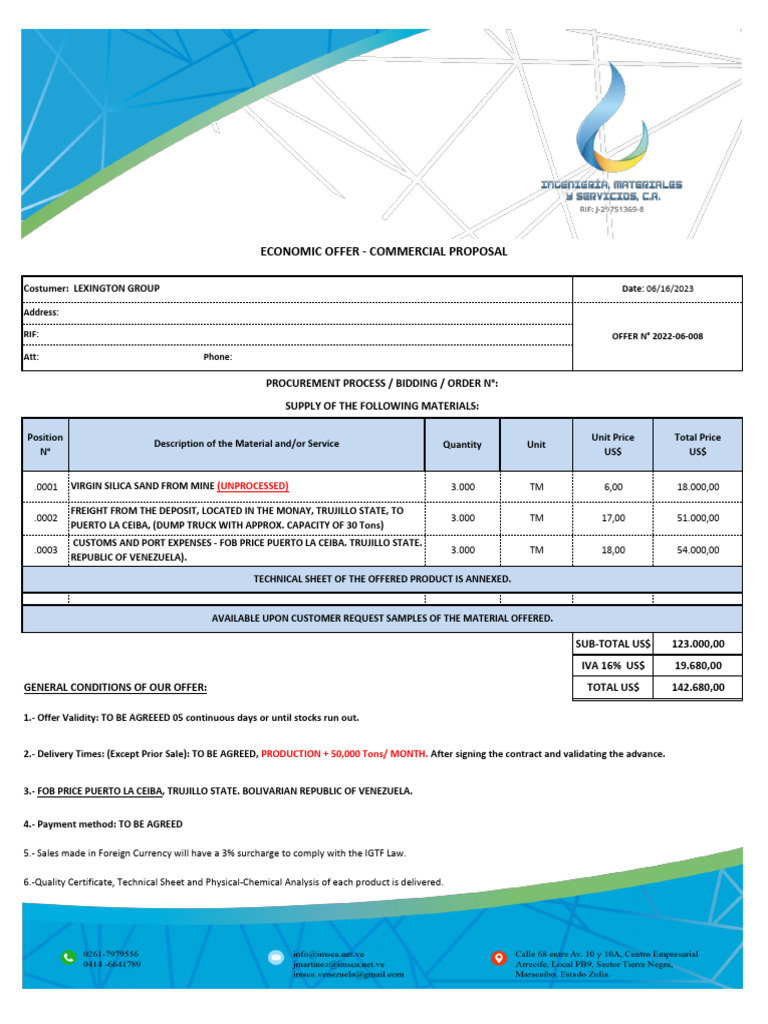 Economic Offer - IMSCA - SILICA VIRGIN | PDF | Economies | Business