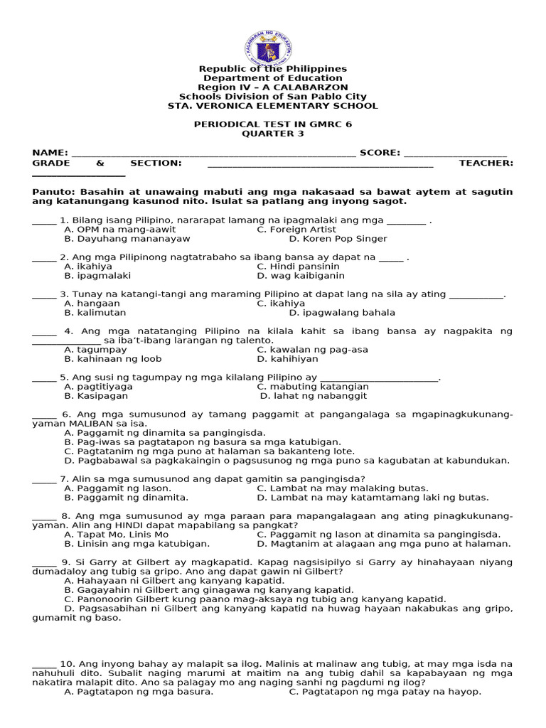 ESP 6 Q3.TOS AND ANS KEY | PDF
