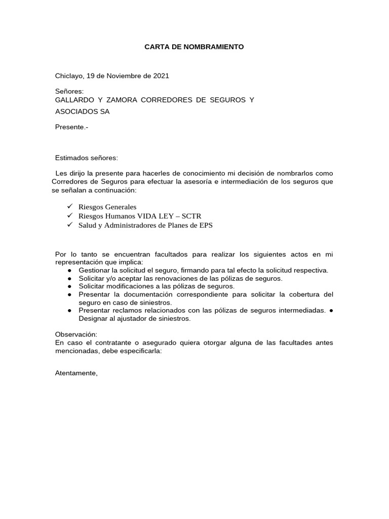 Carta de Nombramiento Actualizado 2021 | PDF | Póliza de seguros | Seguro