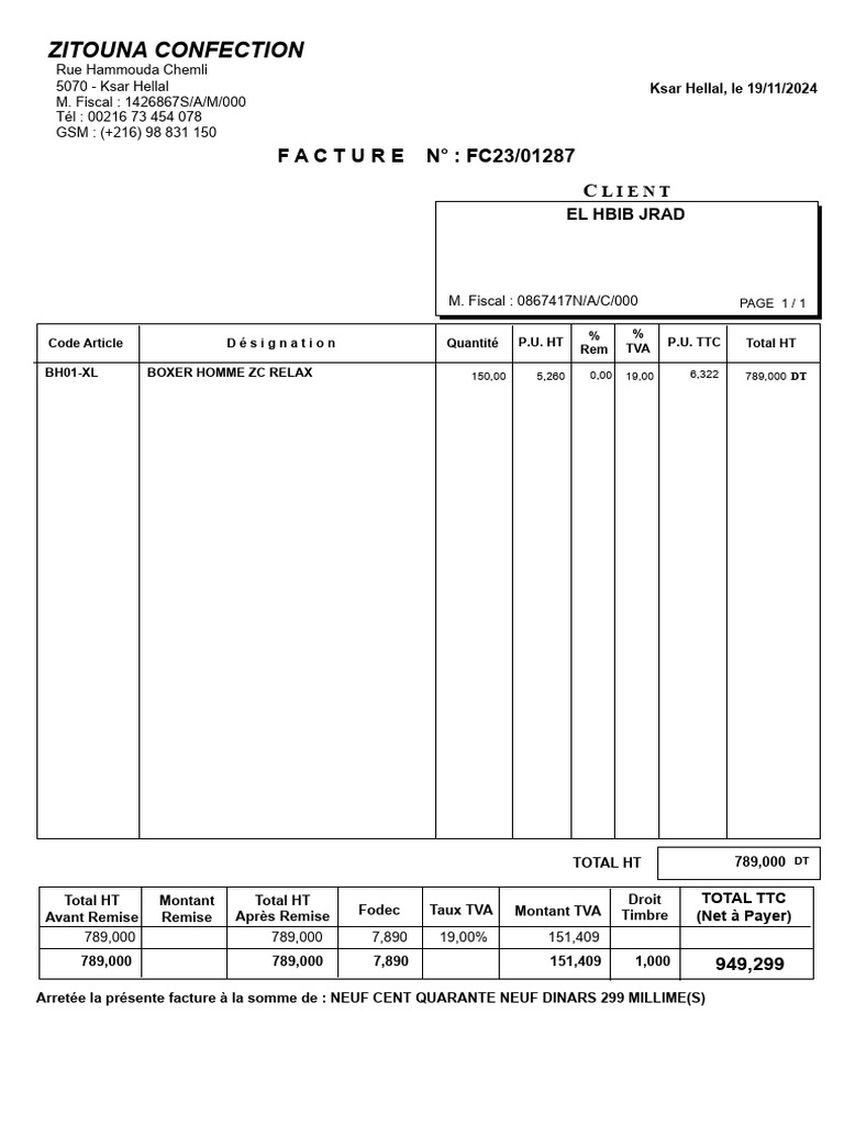 Zitouna Confection: F A C T U R E N°: Fc23/01287 | PDF