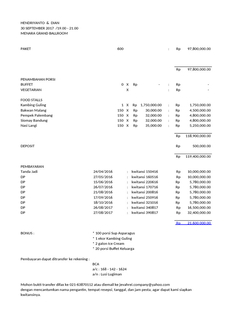 Perincian Menara Hendriyanto & Dian ( 30 Sept'17 ) | PDF