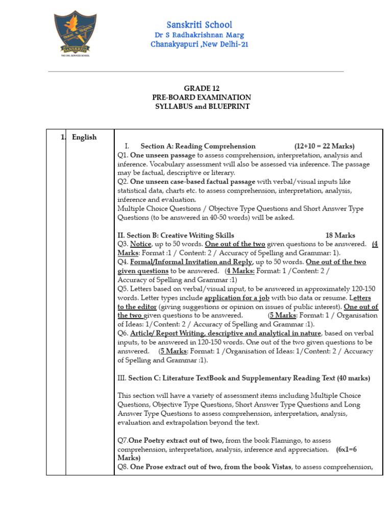 Preboard Blueprint and Syllabus 2024-25 - Grade 12 | PDF | Recombinant ...