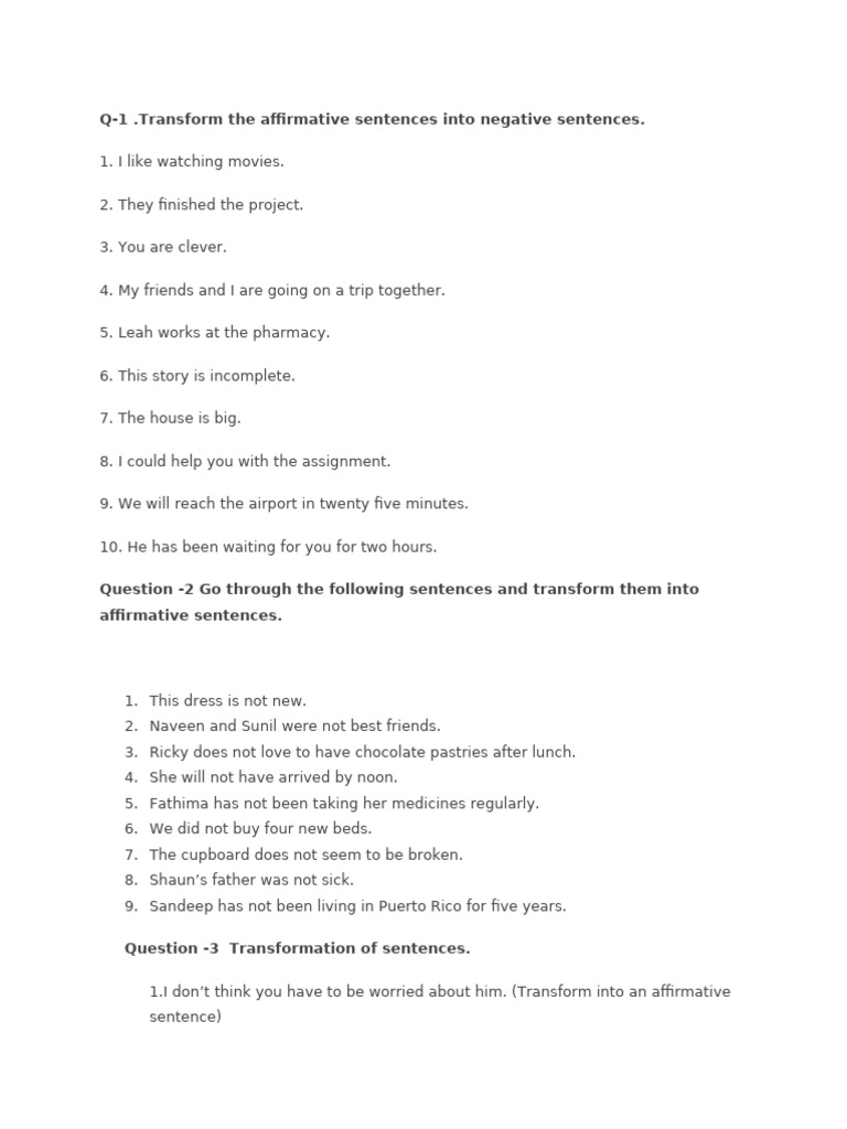Affirmative to Negative Sentence Transformations | PDF