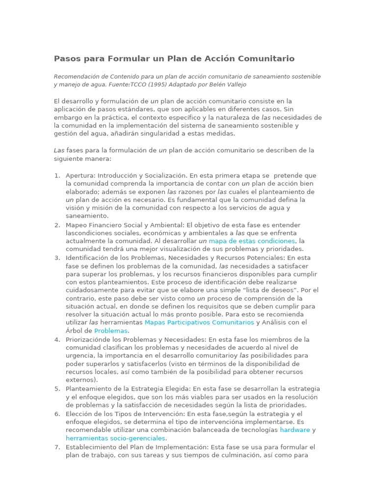 Pasos para Formular Un Plan de Acción Comunitario | PDF | Sustentabilidad | Saneamiento