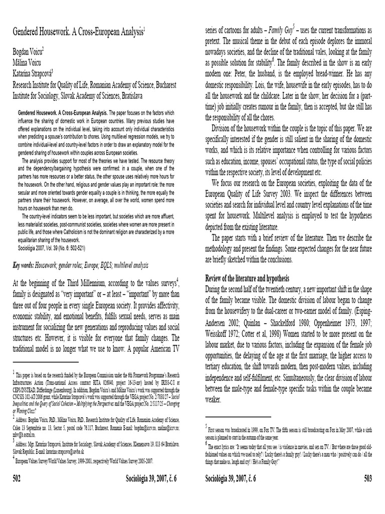 Gendered Housework. A Cross-European Analysis | PDF | Sampling ...