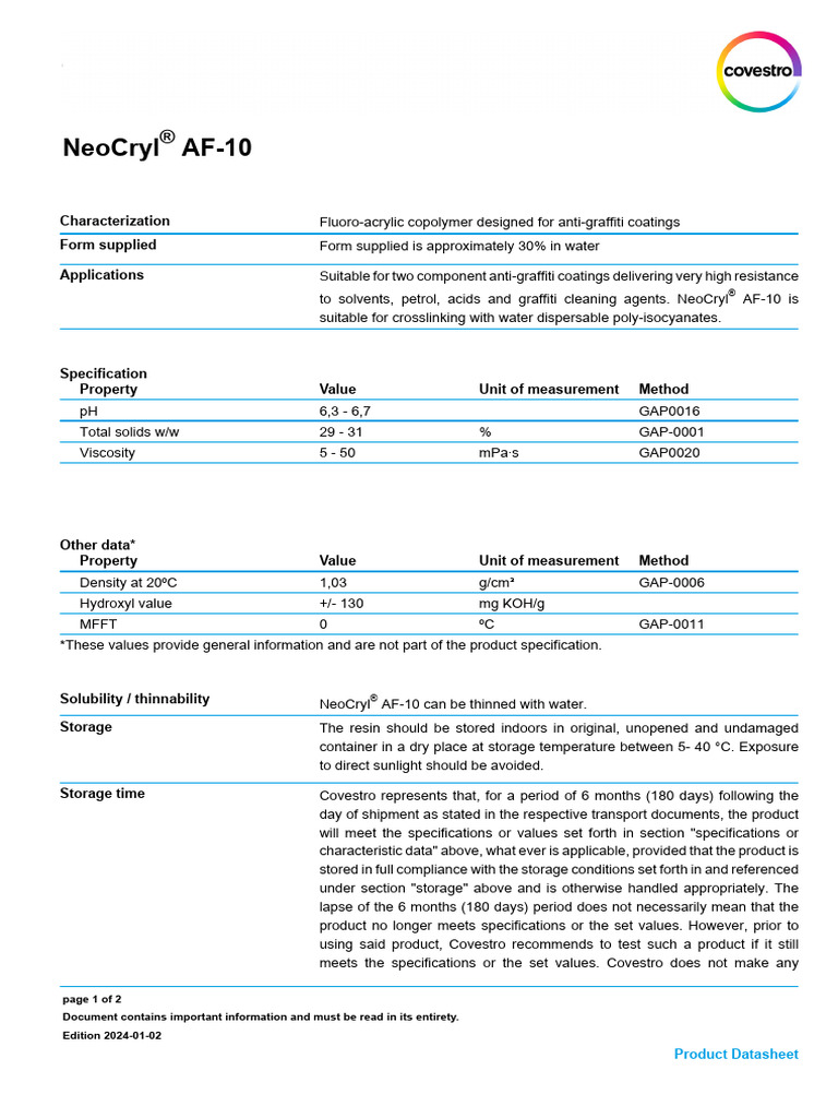 NeoCryl AF 10_en_50016149 23375360 23489002 | PDF | Viscosity | Water
