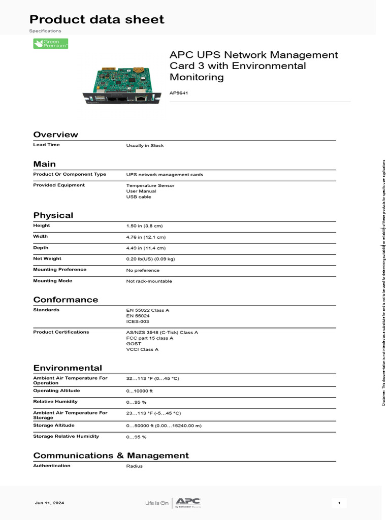 APC - UPS Network Management Cards - AP9641 | PDF