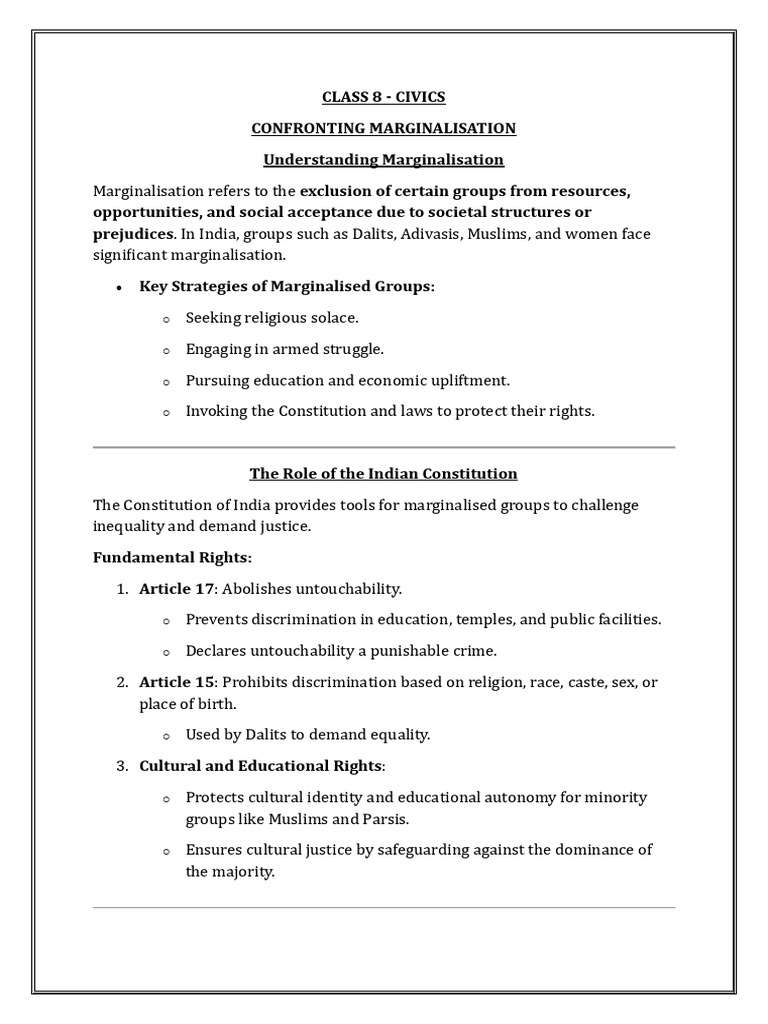 Class 8 - Confronting Marginalisation (Notes) | PDF | Dalit | Social ...