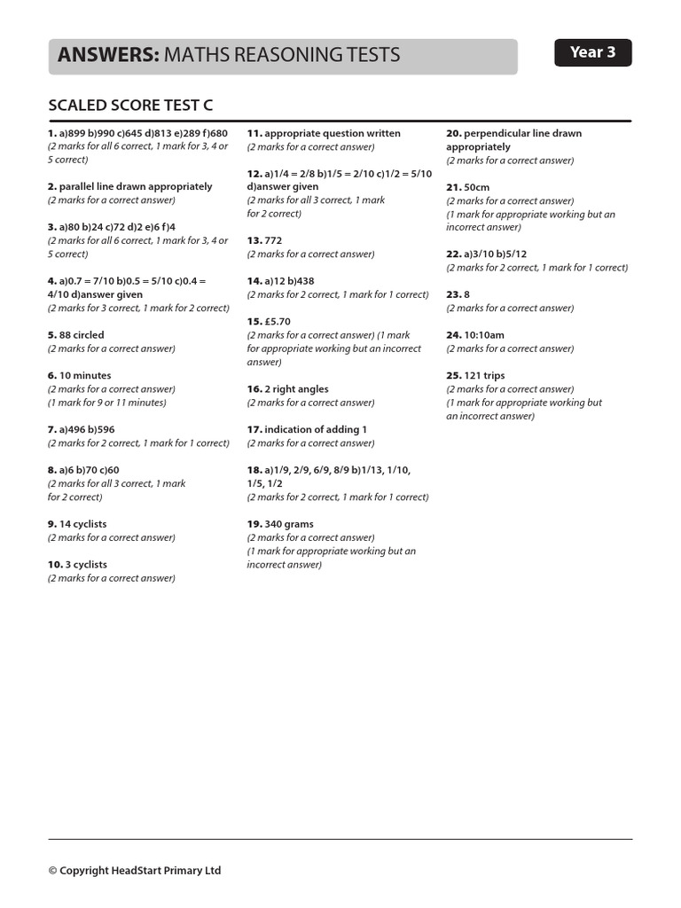 Y3 Maths Reasoning - Scaled Score TEST C (ANSWERS) | PDF | Euclidean ...